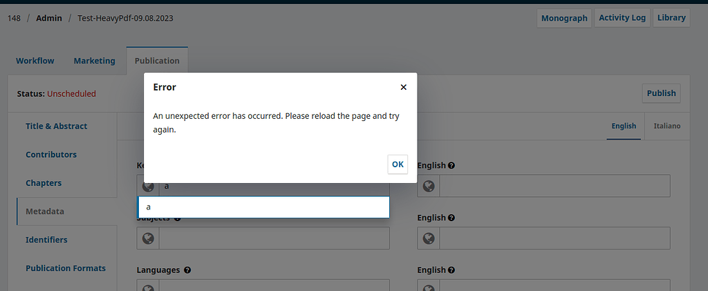 OMP 3.3.0.14 error 500 adding metadata - Software Support - PKP Community Forum