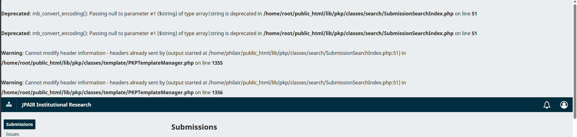 Php Deprecated Failed Ajax Request Or Invalid Json Returned Ojs