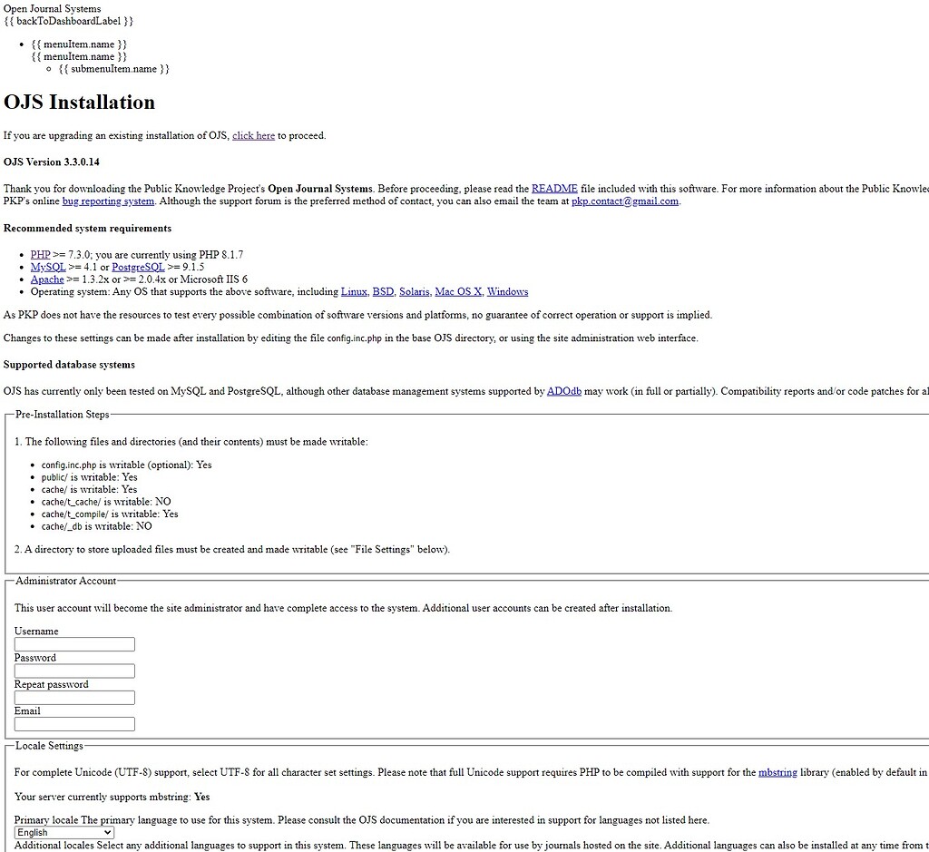 Installing OJS 3.3.0.14 - {{ backToDashboardLabel }} - Software Support - PKP Community Forum