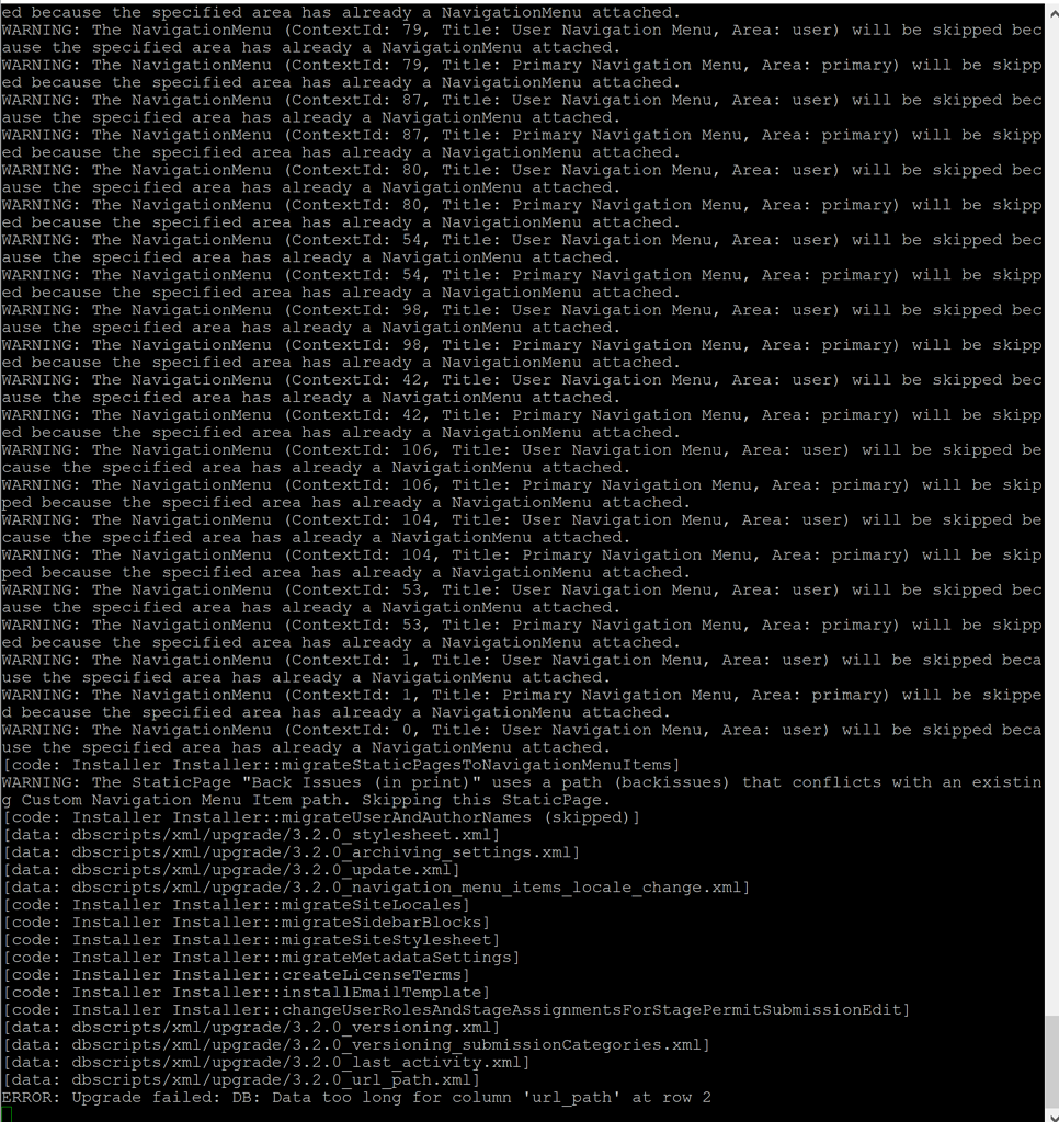 Error Upgrade Failed Db Data Too Long For Column Urlpath At Row 2 Software Support Pkp